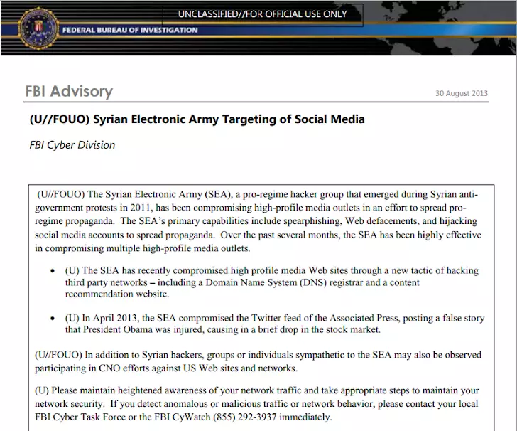 Ny FBI Cyber Division dia nametraka ireo mpijirika 'Tafika Elektronika Syriana' tao anaty lisitra tadiavina 10015_2