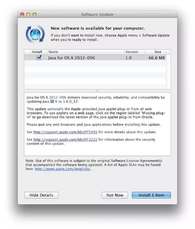 Абнаўленне Apple выдаляе плагін Java з браўзераў OS X 10940_2