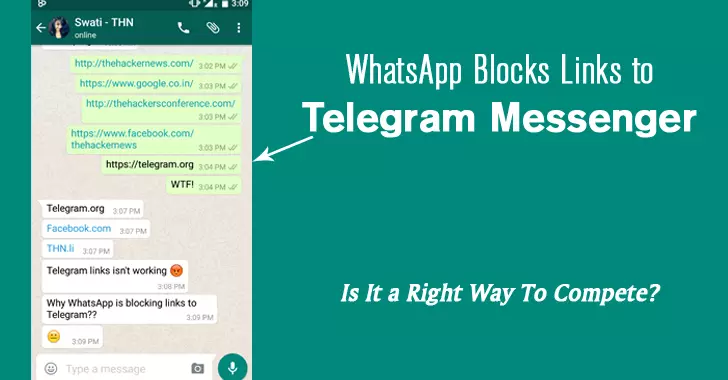 WhatsApp blochează legăturile către Telegram Messenger (cel mai mare competitor al său)