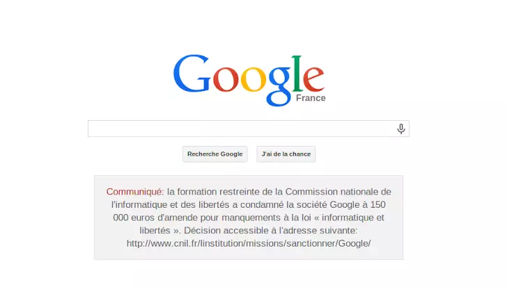 Google honteux et contraint par la France d'afficher un avis d'amende pour violation de la vie privée sur sa page d'accueil
