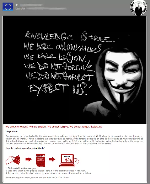 Ny ransomware tsy mitonona anarana hita any anaty ala, fanentanana amin'ny vondrona Infamous Activists