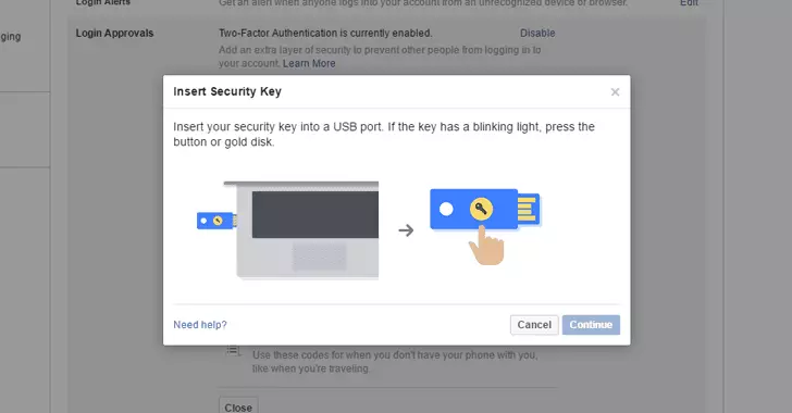 Facebook Żid Karatteristika taċ-Ċwievet tas-Sigurtà FIDO U2F Għal Logins Sikur