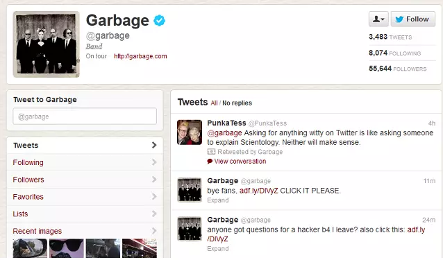 Rock band 'Gabage' tala twitter Hacked i spam monetized link 4879_1