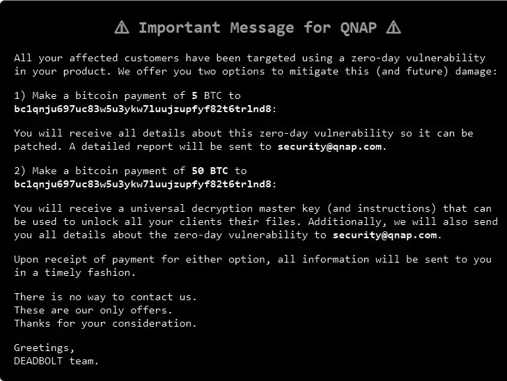 QNAP Internet-ýüzbe-ýüz NAS enjamlaryny nyşana alýan DeadBolt töleg programma üpjünçiligi barada duýduryş 5690_2