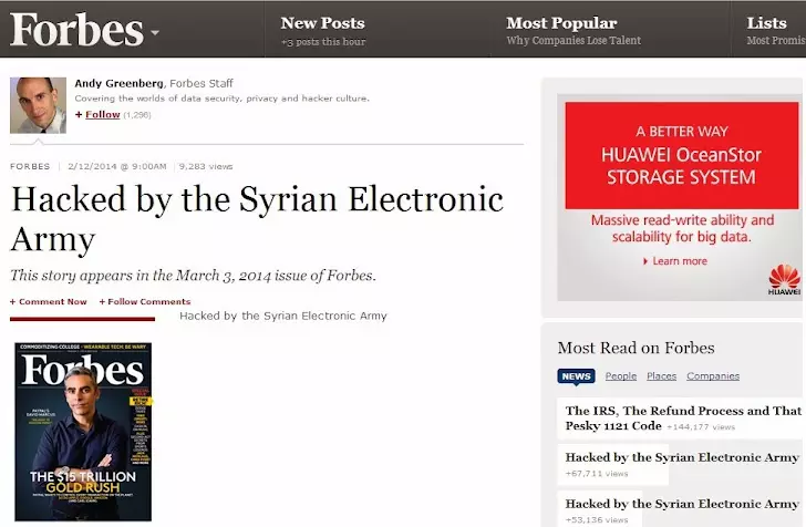 „Forbes“ įsilaužė Sirijos elektroninė armija; Buvo pažeistos svetainės ir „Twitter“ paskyros