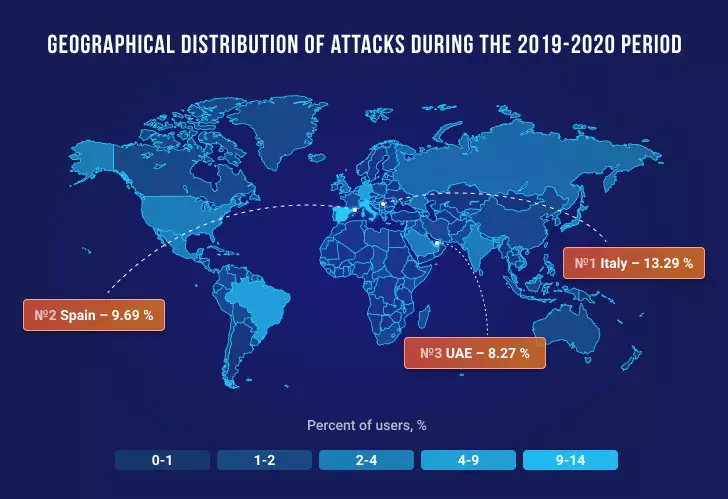 Ataques de malware bancário Emotet no mapa