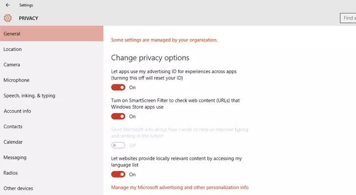 إعدادات الخصوصية في Windows 10