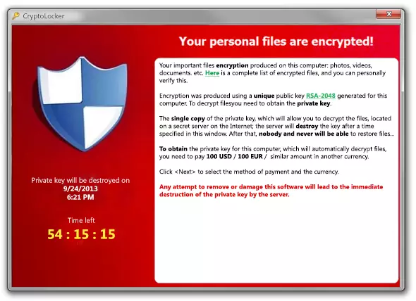 നിങ്ങളുടെ ഫയലുകൾ ഡീക്രിപ്റ്റ് ചെയ്യാൻ CryptoLocker Ransomware $300 അല്ലെങ്കിൽ രണ്ട് ബിറ്റ്കോയിനുകൾ ആവശ്യപ്പെടുന്നു 9007_1