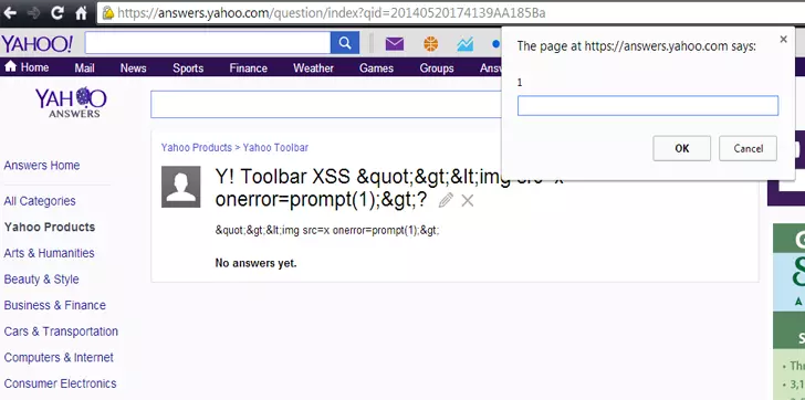 Yahoo Toolbar को कमजोरीले सबै वेबसाइटहरूमा अप्रयुक्त XSS पेलोड ट्रिगर गर्दछ